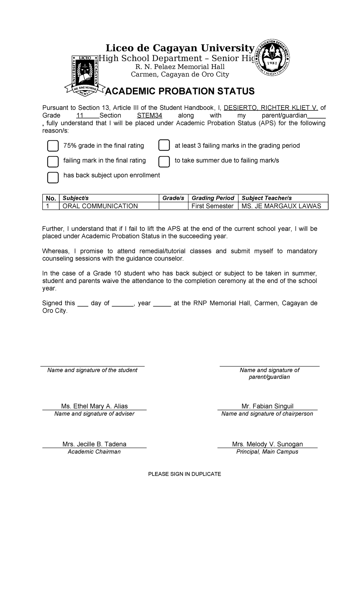 APS Notification for Richter Kliet V. Desierto - Grade 11 STEM34 - Studocu