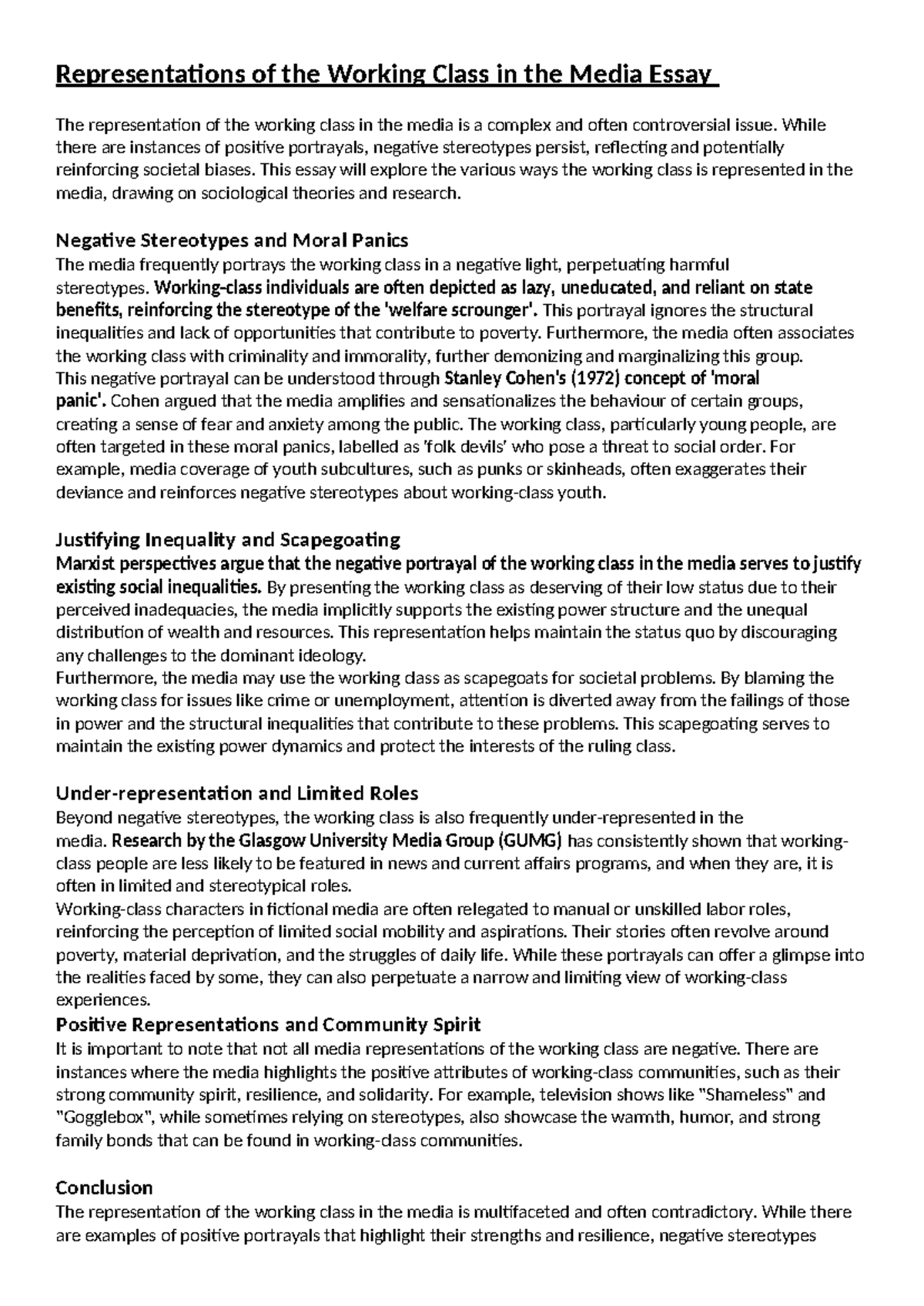 Working Class Media Representations: Analysis and Perspectives Essay - Studocu