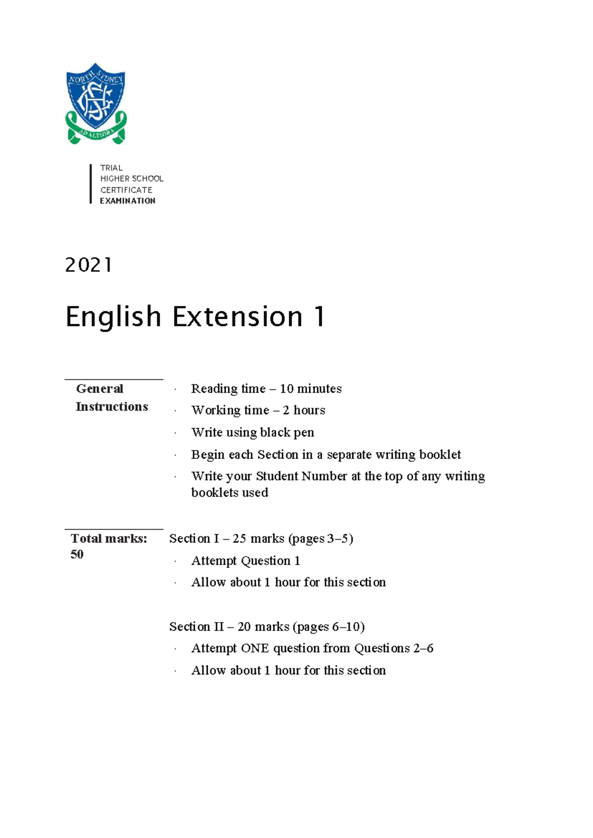 NSG Year 12 English Extension 1 Trial HSC Exam 2021 Final Exam - Studocu