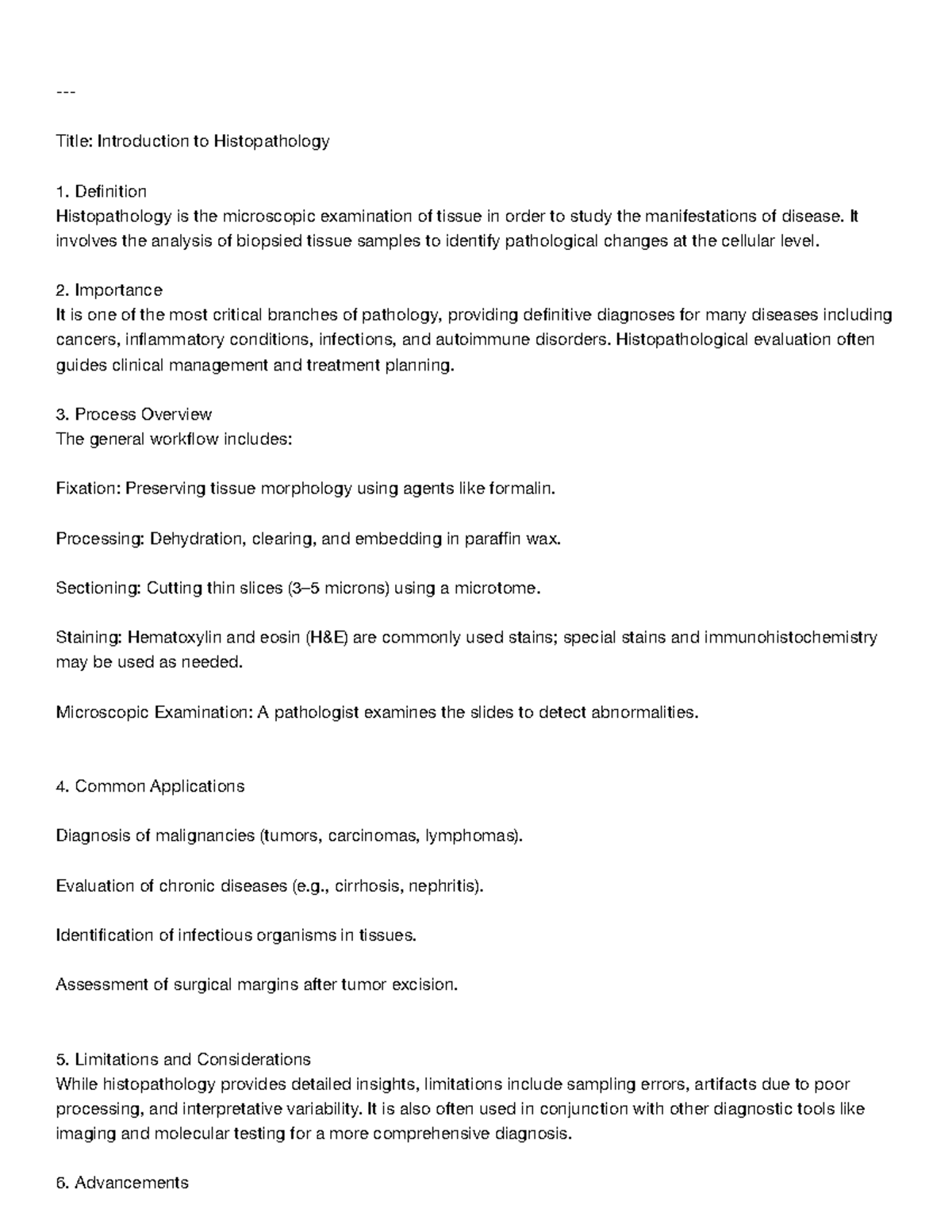 Introduction to Histopathology: Key Concepts and Applications - Studocu