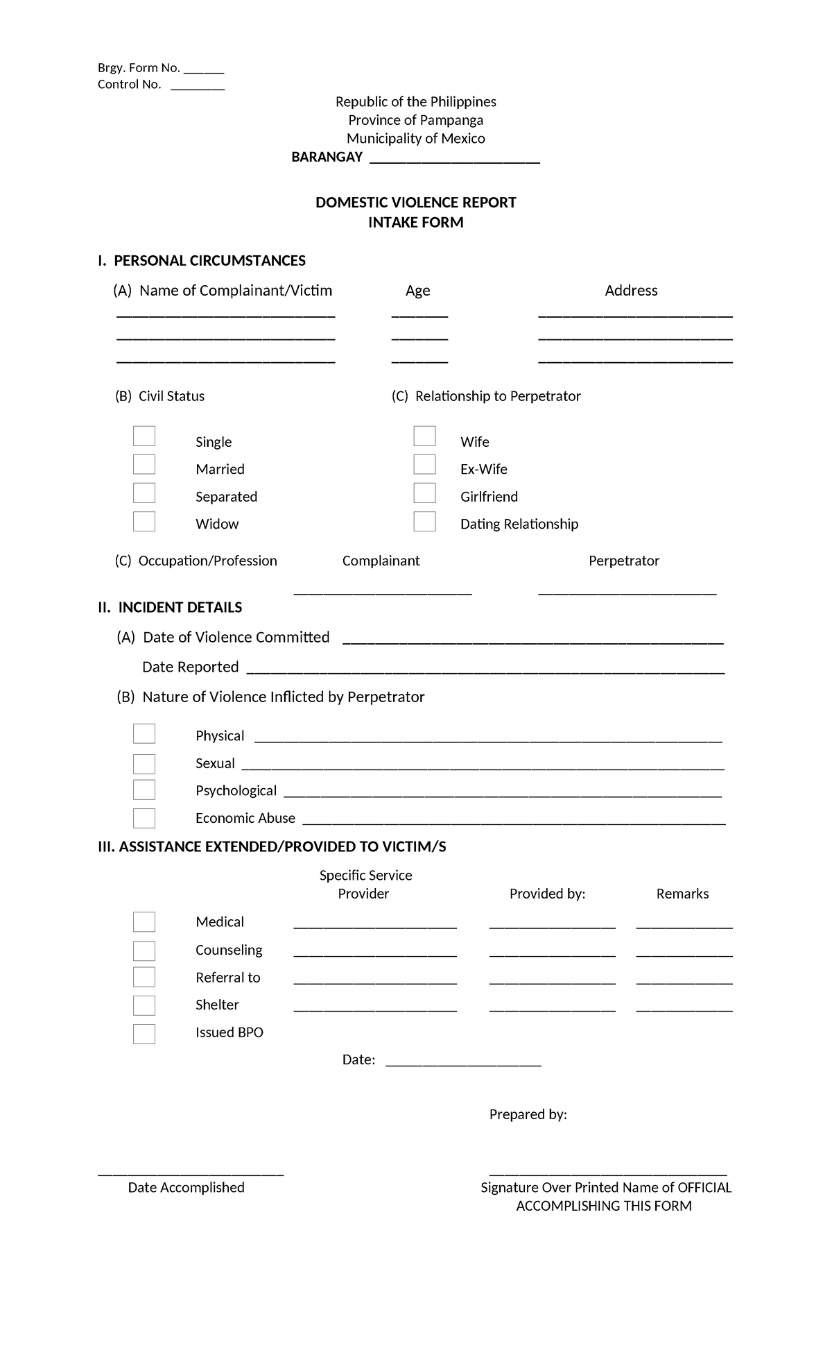 VAWC BPO Intake Form - good luck! - Brgy. Form No. ______ Control No ...