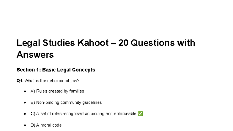 Legal Studies Quiz: 20 Qs on Basic Legal Concepts (Section 1) - Studocu