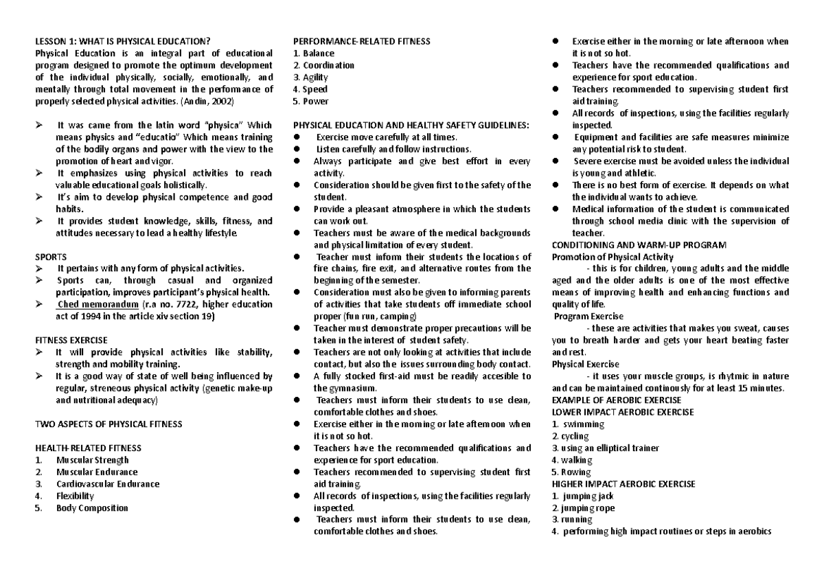 Pathfit 2 - Lesson Notes on Physical Education & Fitness - Studocu