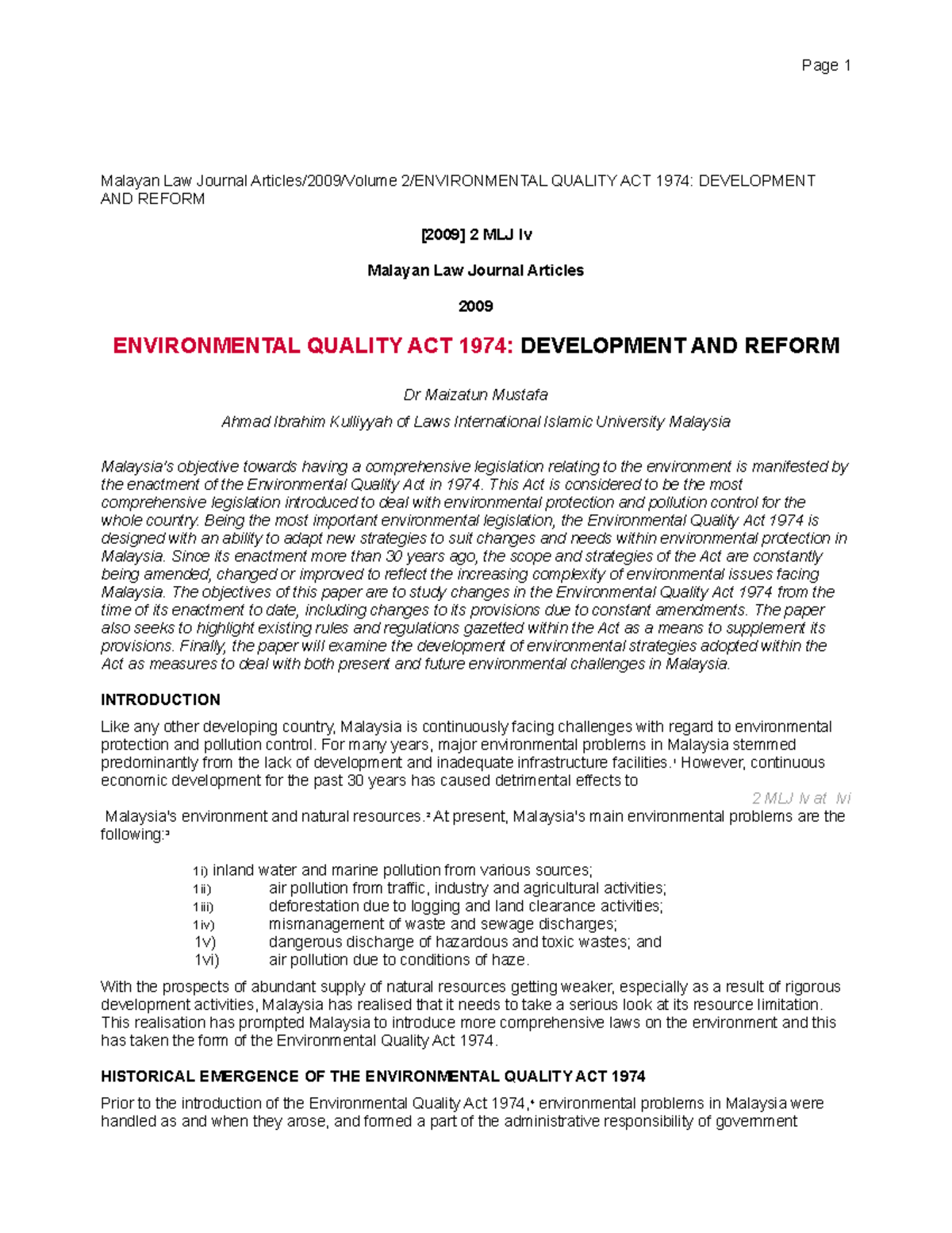 Environmental Quality Act 1974: Development & Reform Overview - Studocu
