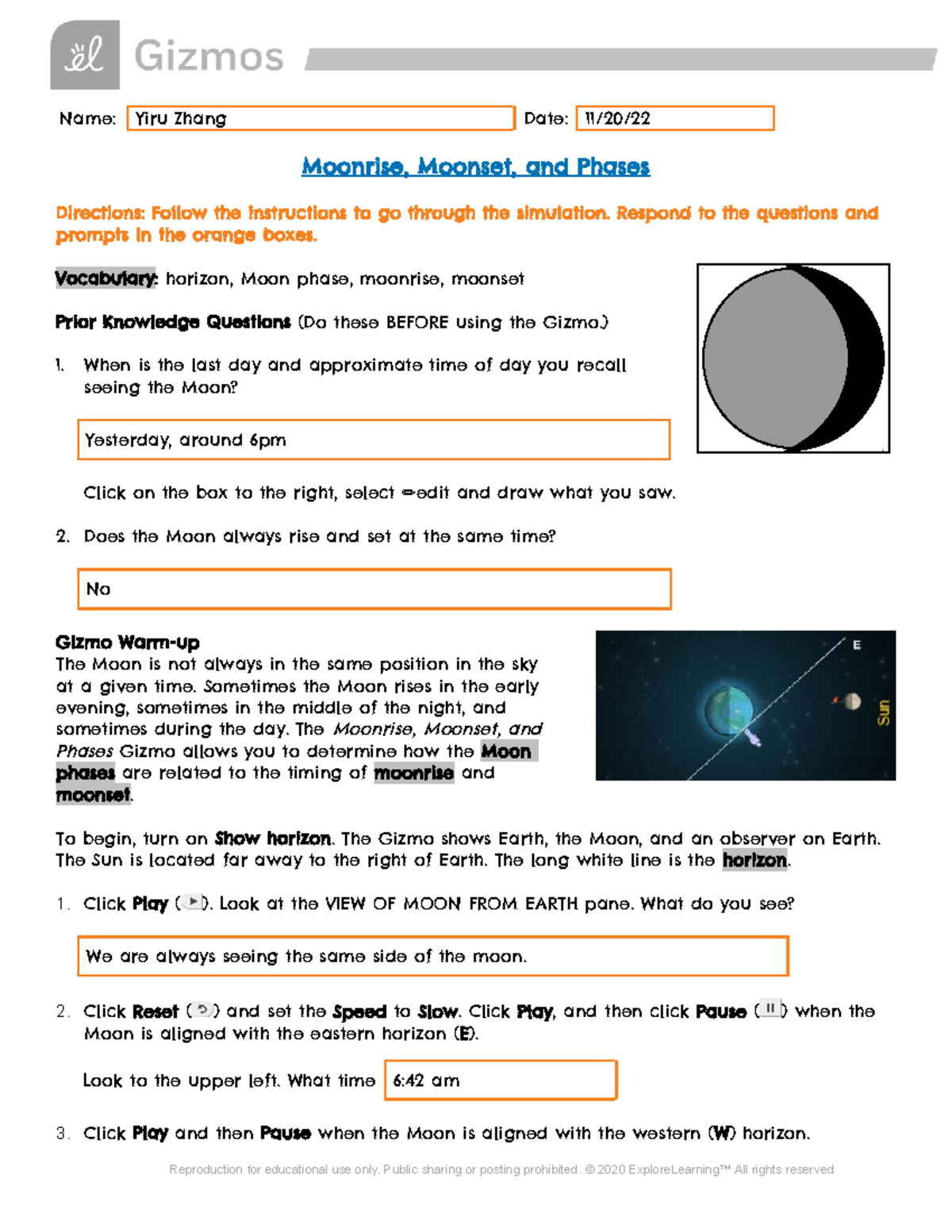 Moon Rise Gizmo - Name: Yiru Zhang Date: 11/20/ Moonrise, Moonset, and ...