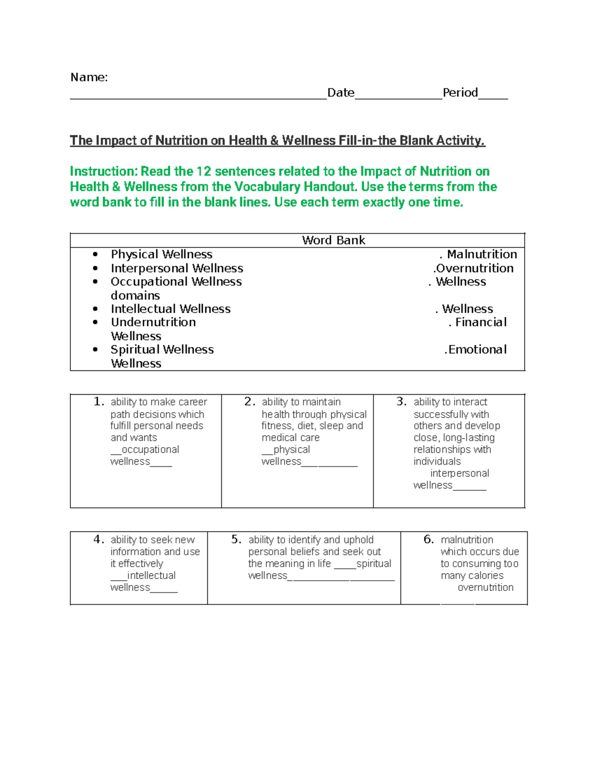 The Impact of Nutrition on Health and Wellness Fill in Activity - Name ...