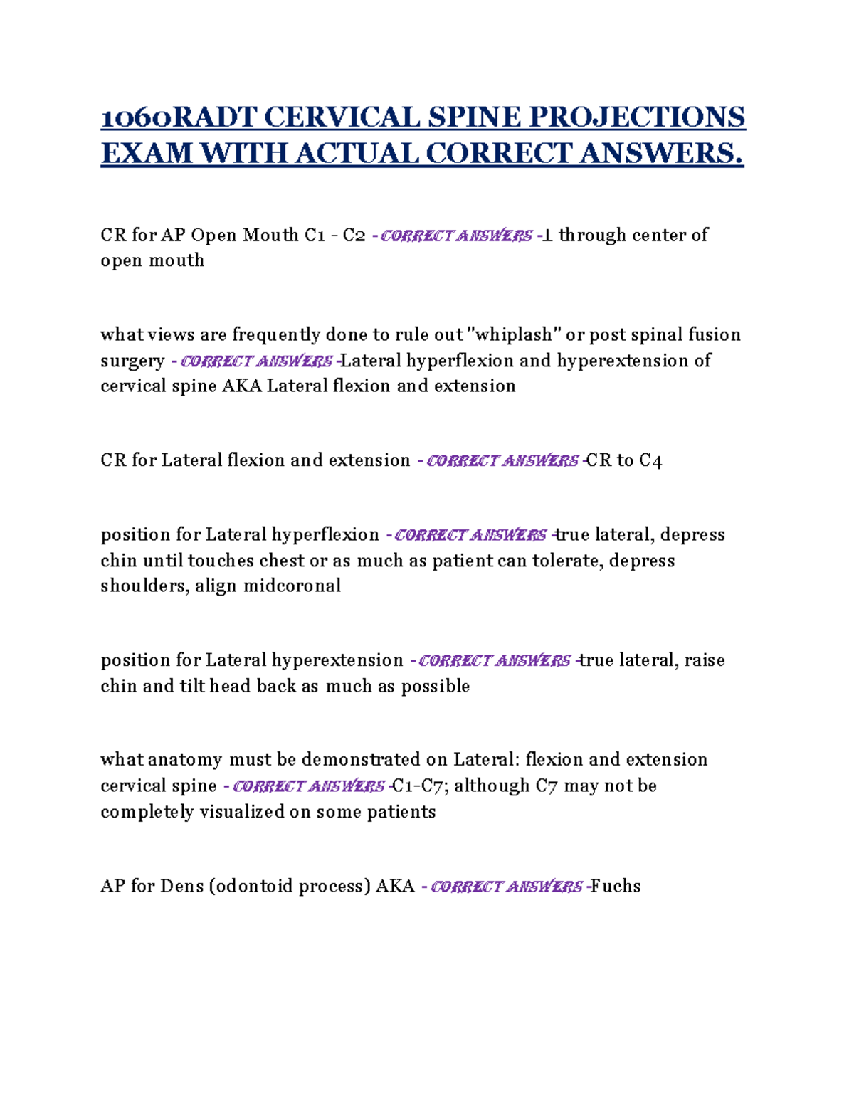 1060RADT Cervical Spine Projections Final Exam with Correct Answers ...