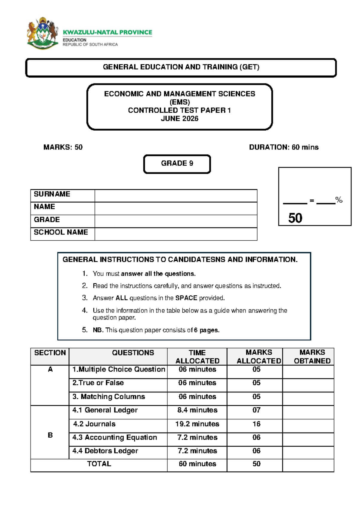 Final 2026 GET EMS Grade 9 Controlled Test Paper 1 - Studocu