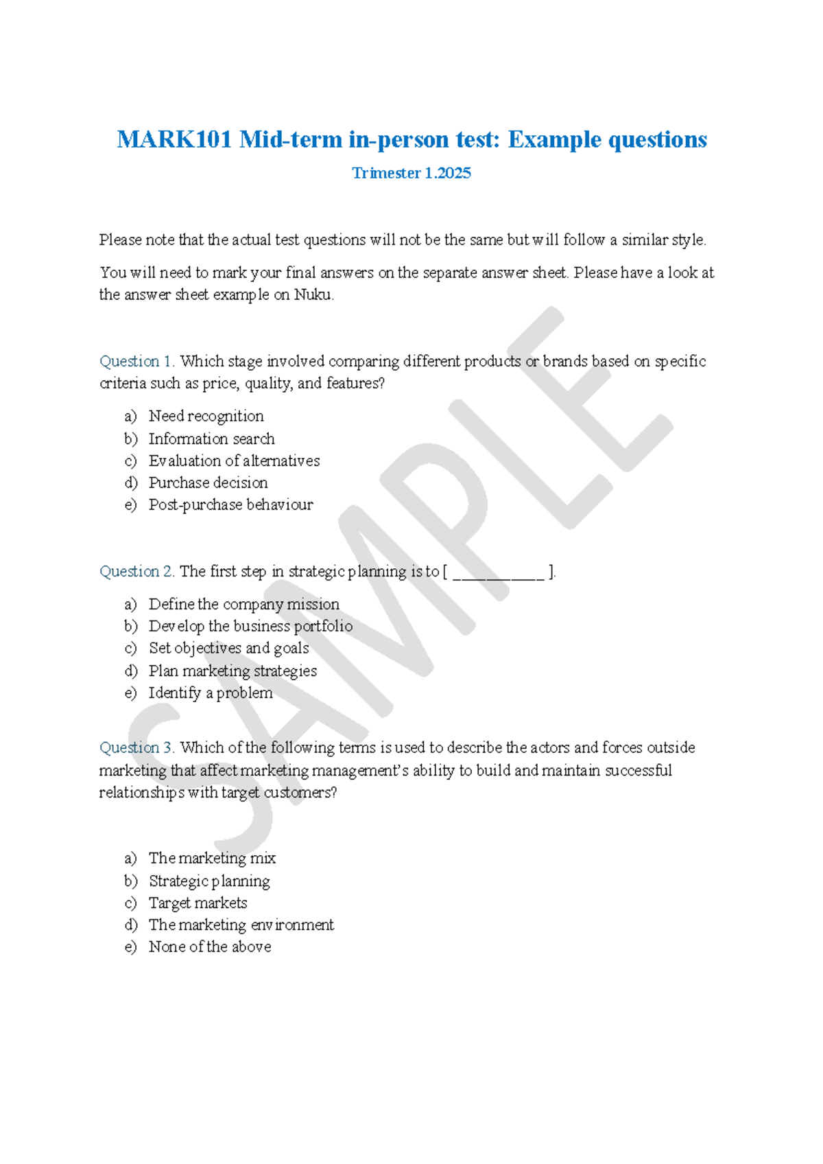 MARK101 Mid-Test Example Questions Trimester 1.2025 - Studocu