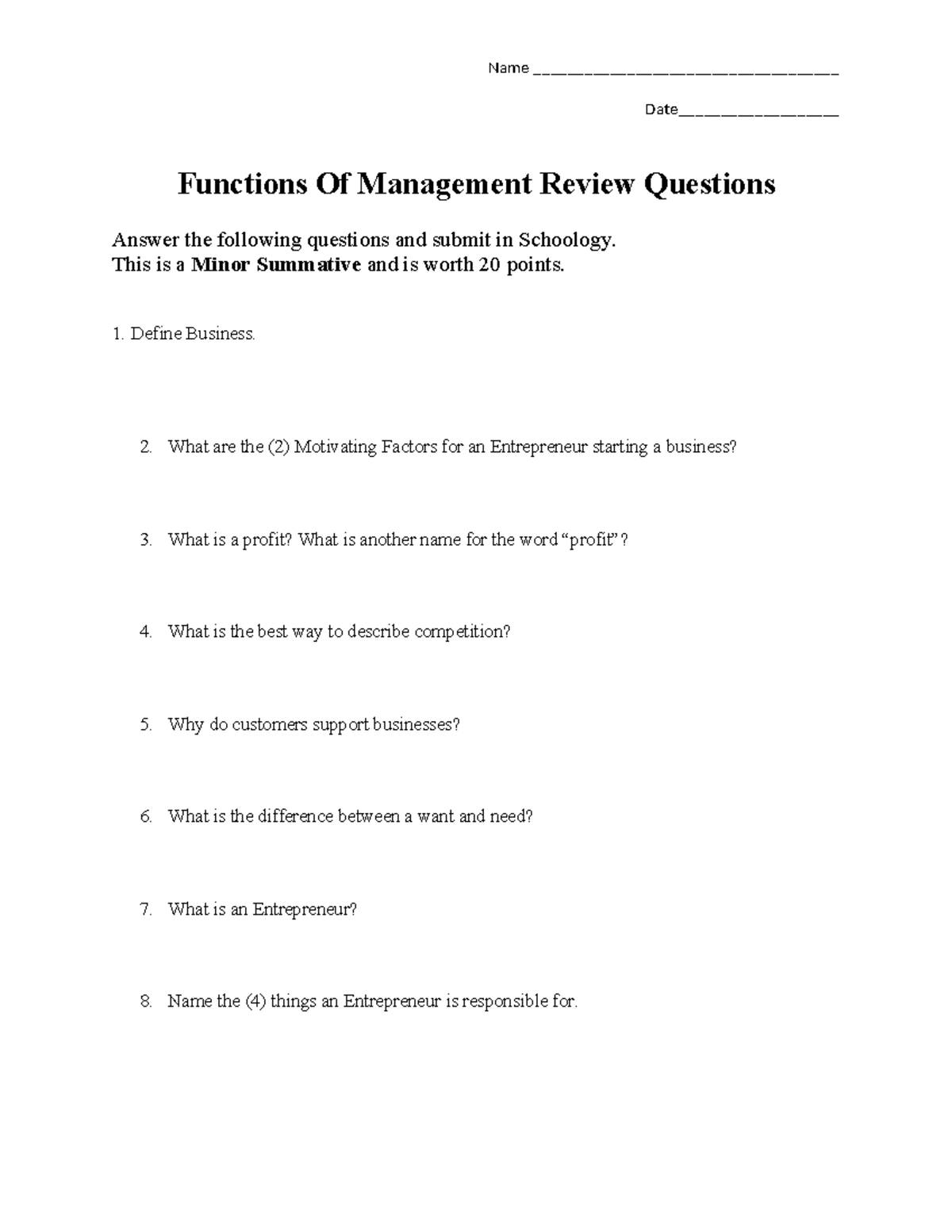 Unit 2 Functions of Management Minor Summative Q&A Review - Studocu