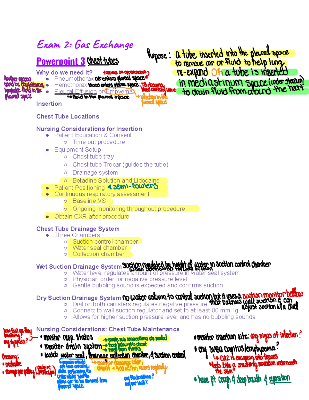 Exam 2: Chest Tubes - Nursing Considerations and Procedures - Studocu