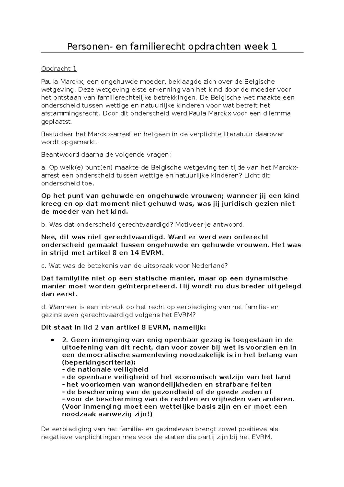 Personen- en familierecht opdrachten week 1 - Deze wetgeving eiste ...