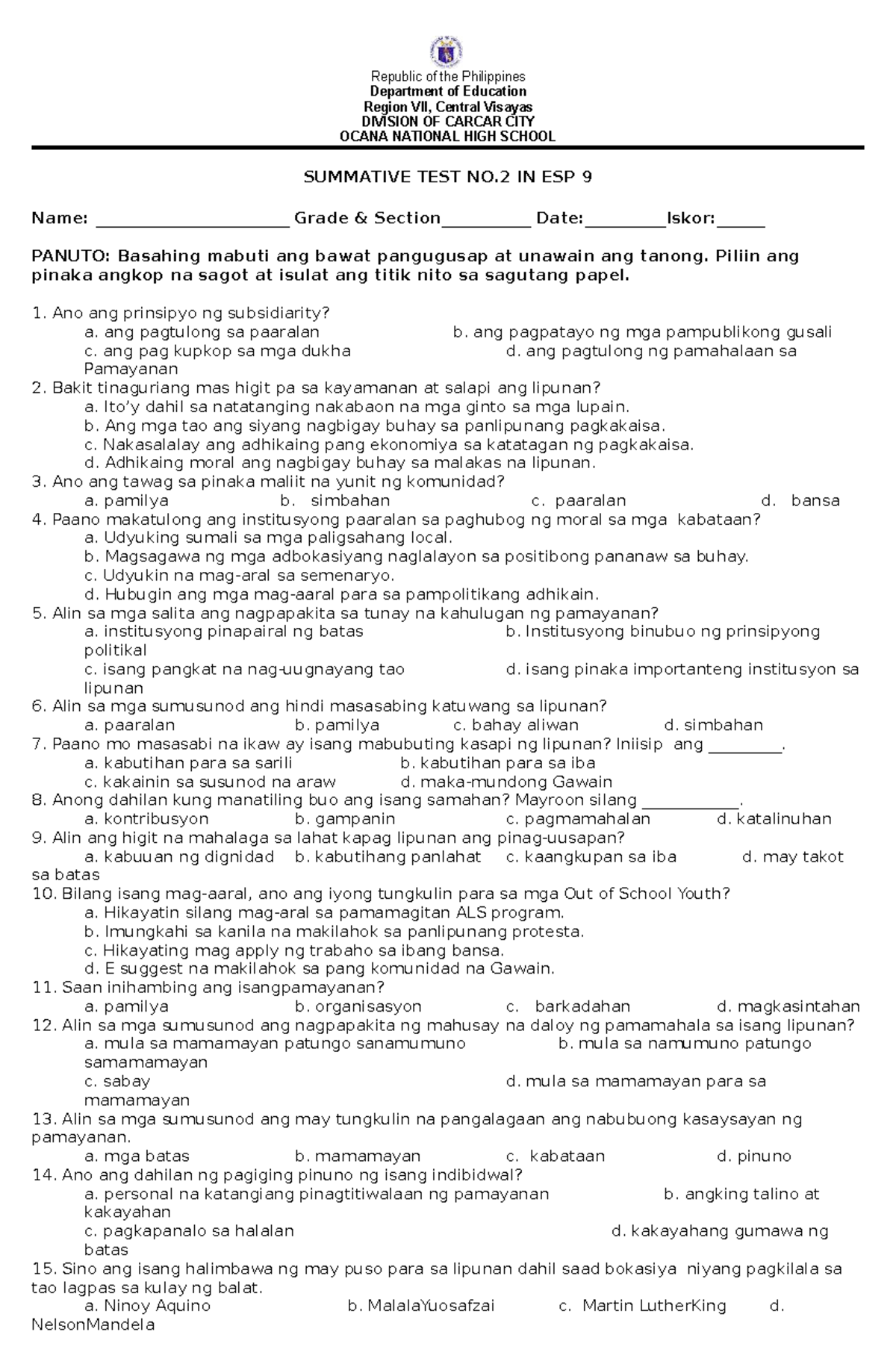 ESP 9 Summative Test No. 2 - Assessment Questions and Answers - Studocu