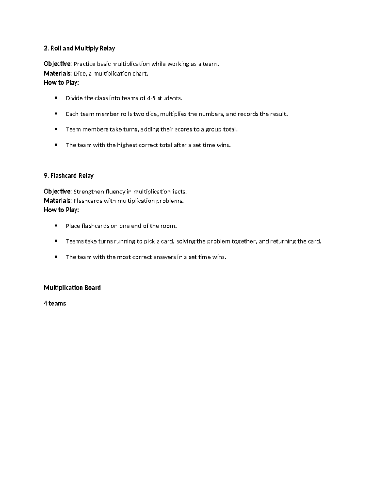 Multiplication Activity - 2. Roll and Multiply Relay Objective ...