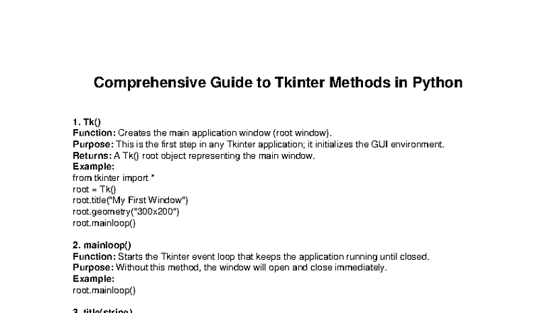Tkinter Methods Overview: A Comprehensive Guide to Python GUI - Studocu