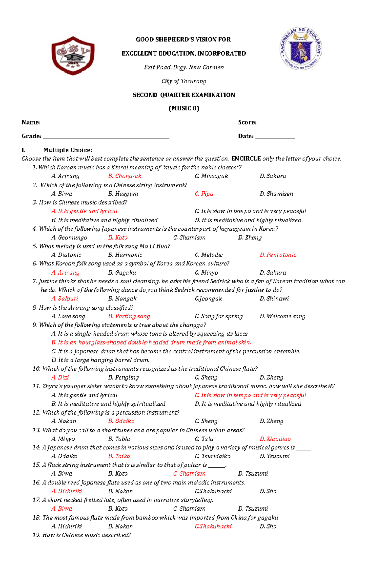 Music-8 - Module - GOOD SHEPHERD’S VISION FOR EXCELLENT EDUCATION, INCORPORATED Exit Road, Brgy ...