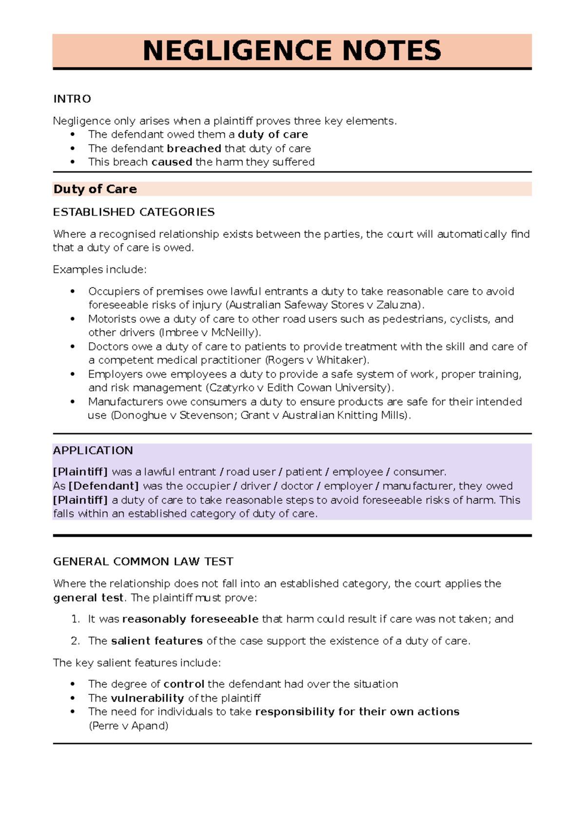 Negligence Exam Notes (Cheat Sheet) - Key Elements & Cases - Studocu