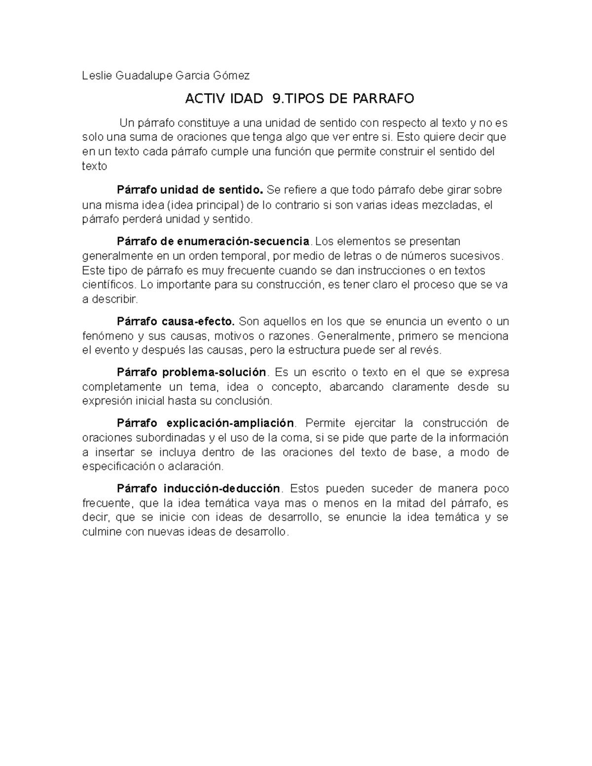 Tipos de Párrafos: Definición y Ejemplos para Actividad 9 - Studocu
