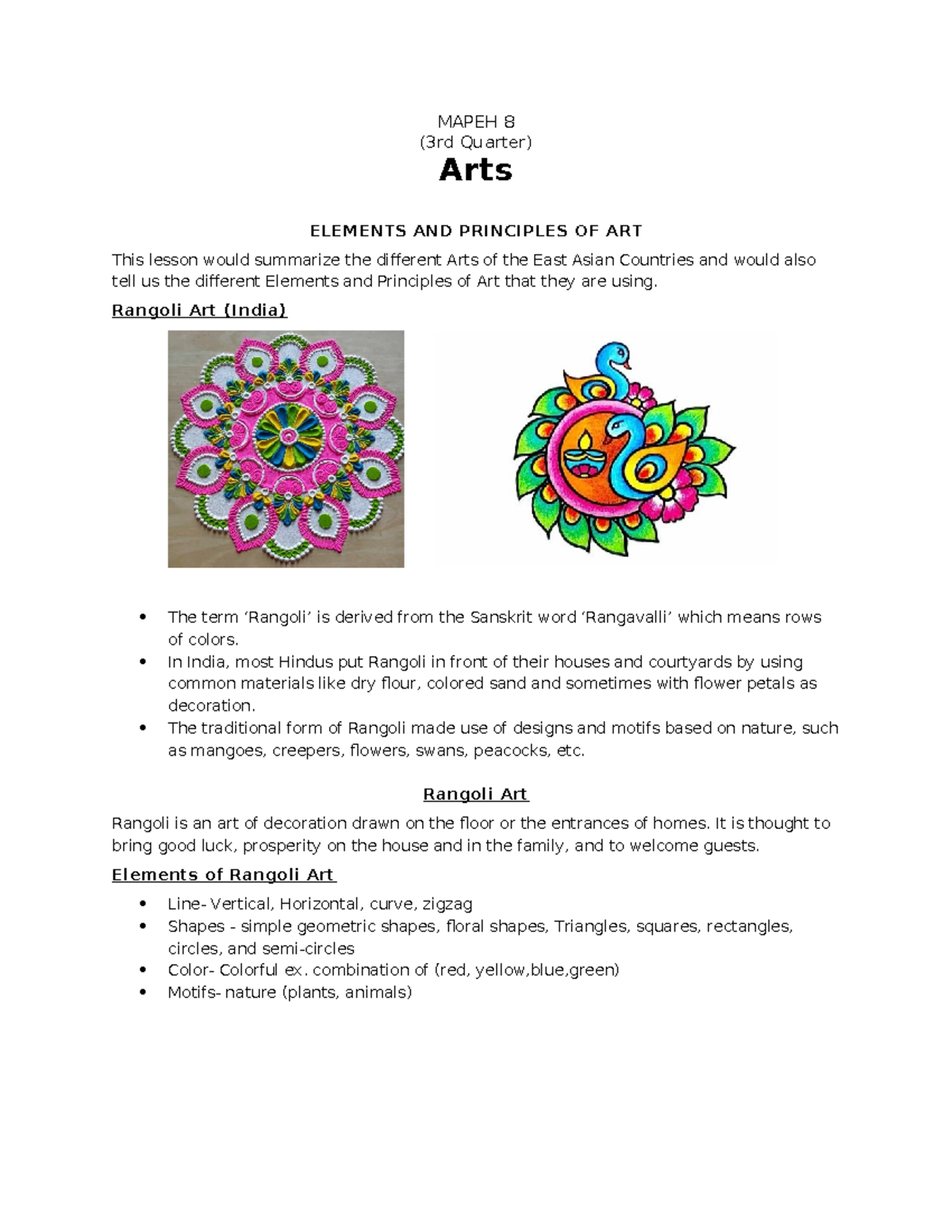 MAPEH 8 - Arts Notes: Elements & Influences of East Asian Art - Studocu