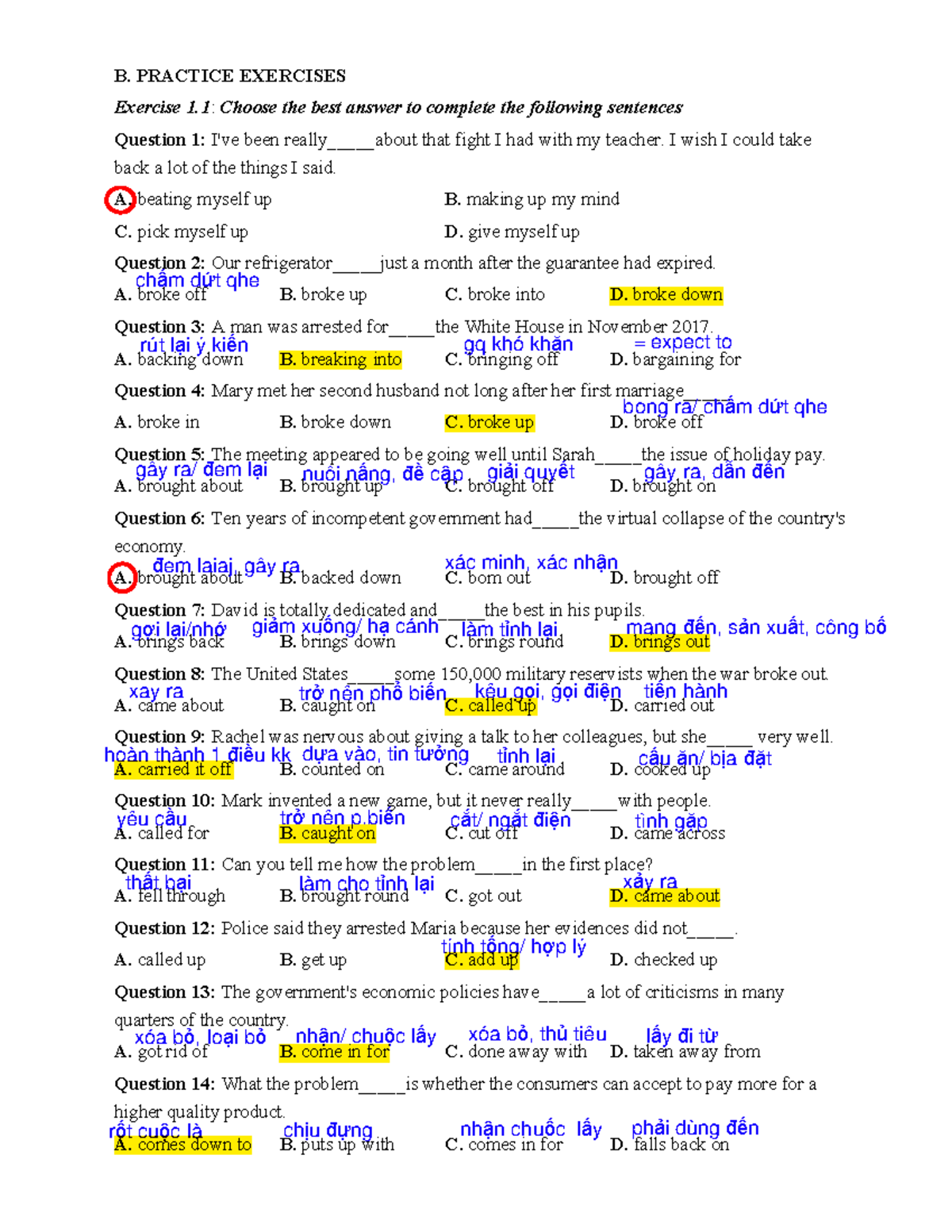 B. PRACTICE EXERCISES: Phrasal Verb Questions and Answers - Studocu