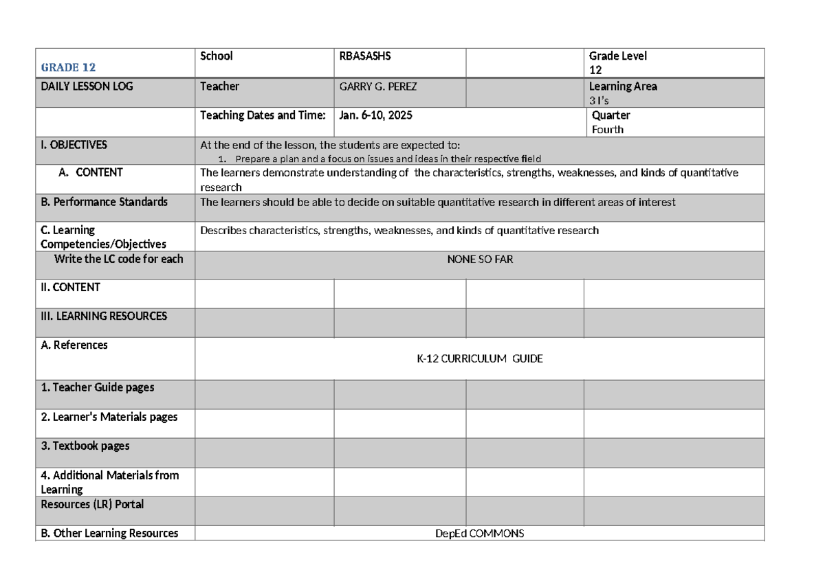 Grade 12 DLL I: Week 1 - Quantitative Research Objectives & Activities ...