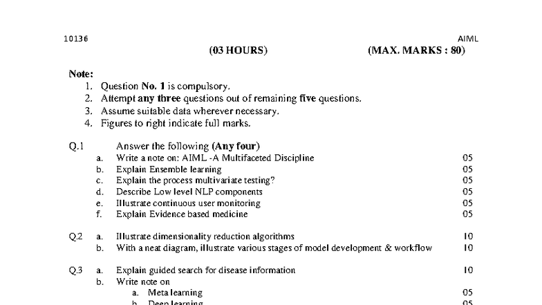 10136 AIML Final Exam Question Paper (3 Hours, Max Marks: 80) - Studocu