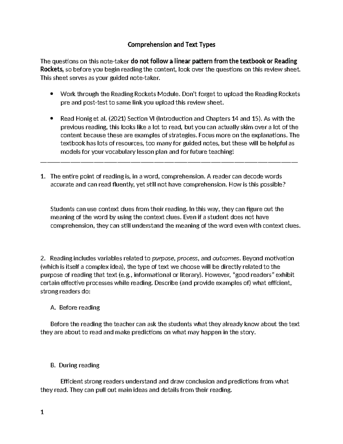Comprehension Strategies for Informational Text: A Review Sheet - Studocu