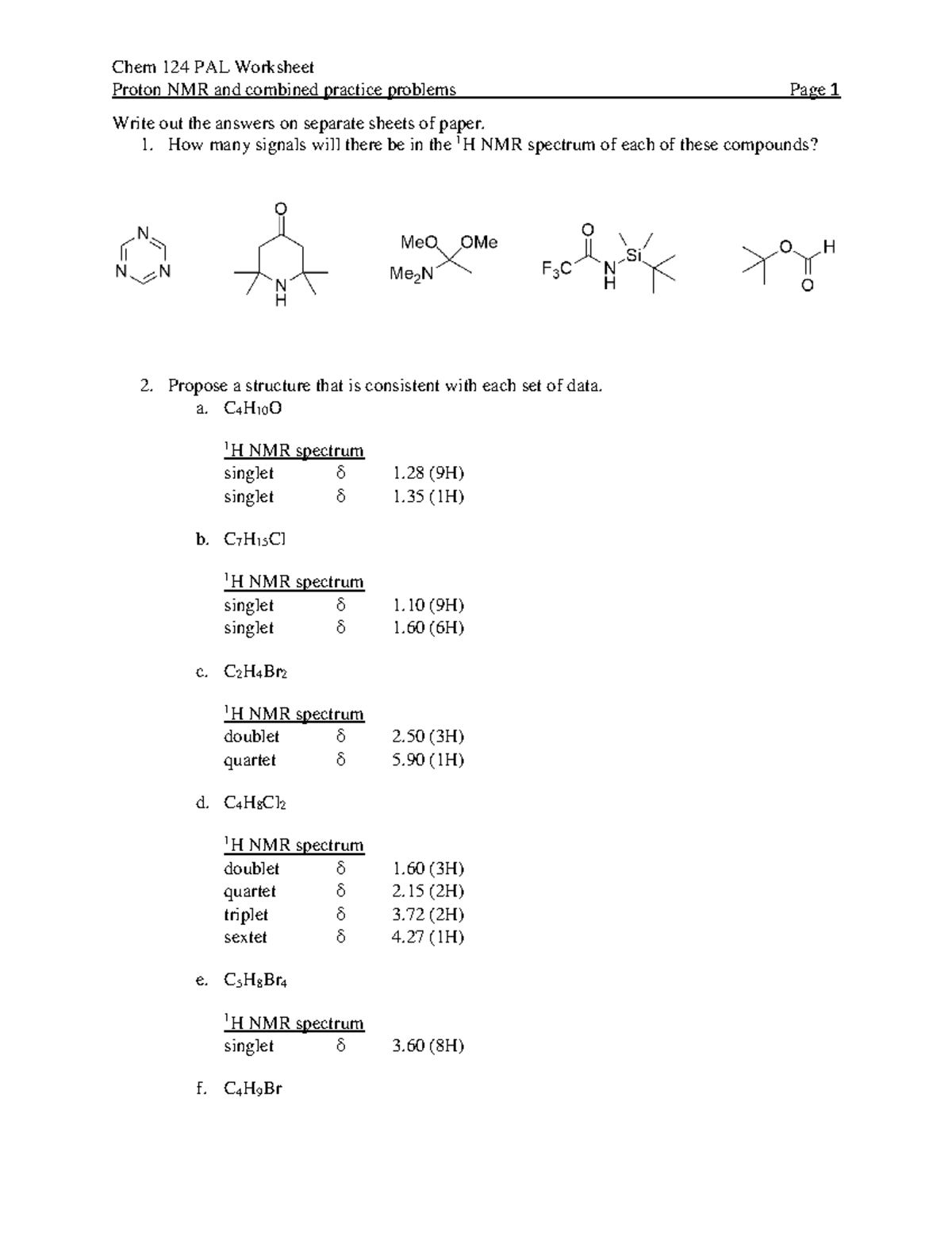 Chem 124 Practice Problems: Proton NMR Worksheet & Solutions - Studocu
