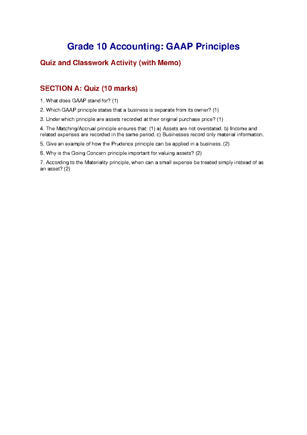 Grade 10 Accounting: GAAP Principles Quiz & Classwork Activity - Studocu