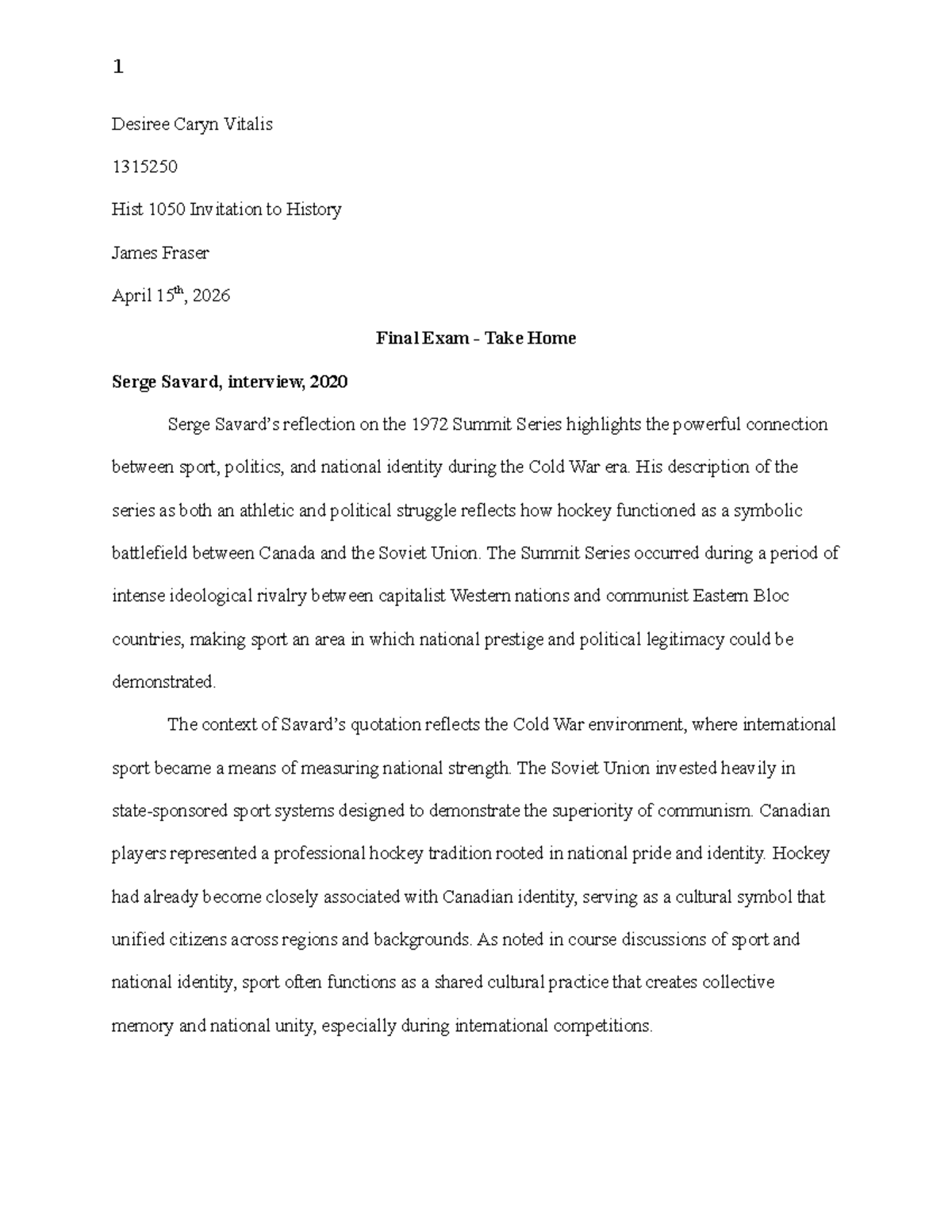 Hist 1050 Final Exam: The Summit Series and Canadian Identity - Studocu