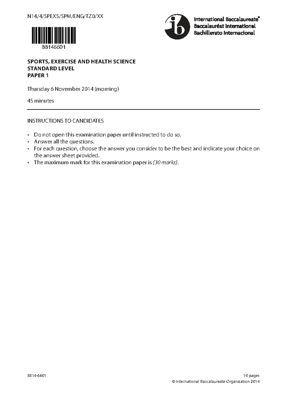88146601 Sports, Exercise & Health Science SL Paper 1 - Nov 2014 Exam ...