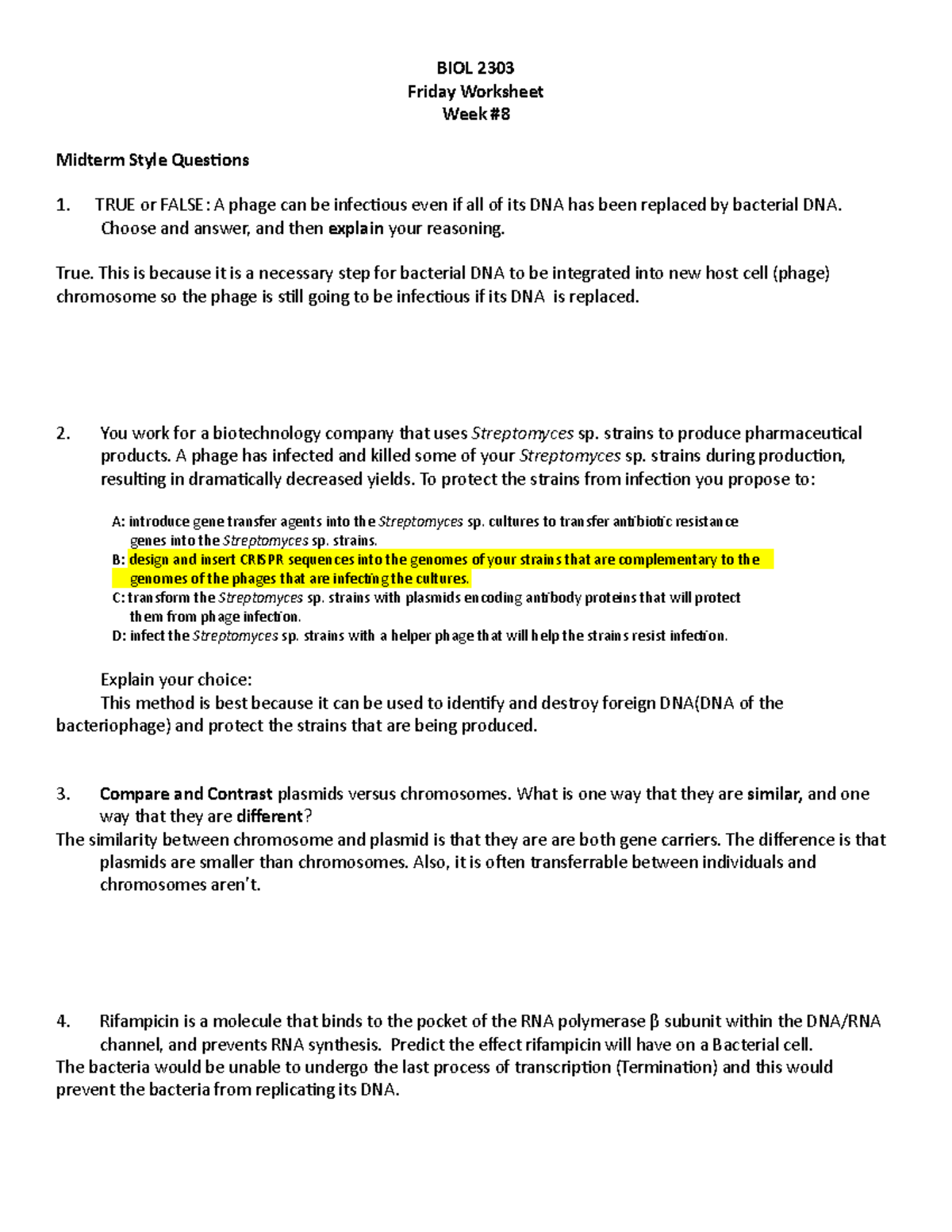 BIOL 2303 Midterm Worksheet: Week 8 Questions & Answers - Studocu