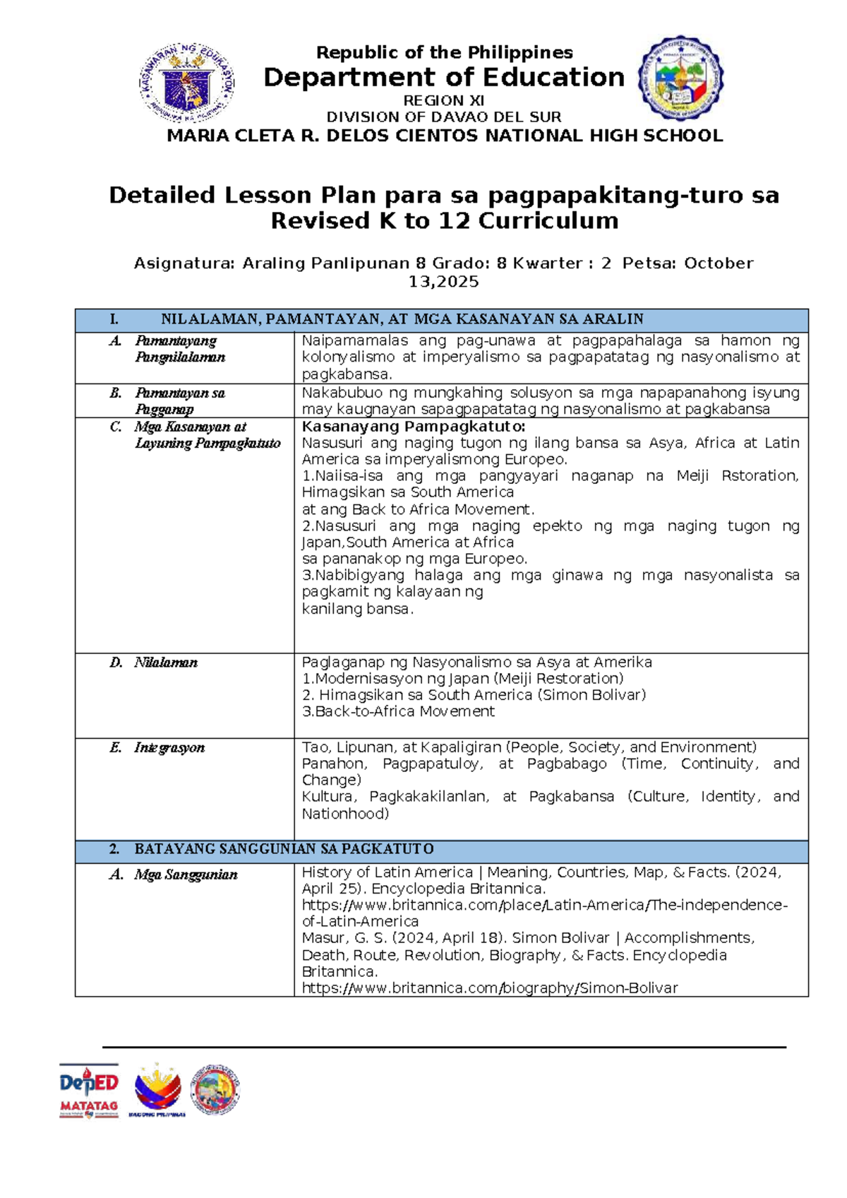 Detailed Lesson Plan: Araling Panlipunan 8 (AP 8) 2nd Quarter Week 7 - Studocu