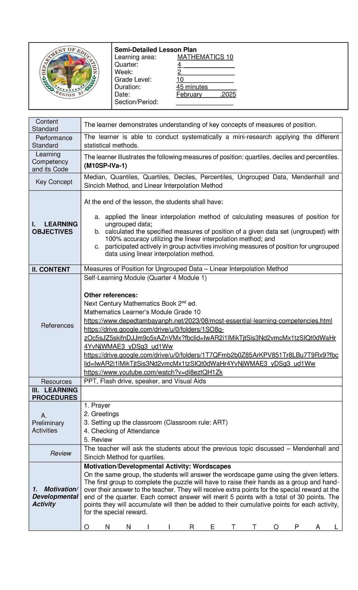 LP MATH 10 Q4 W2: Lesson Plan on Measures of Position for Grouped Data ...