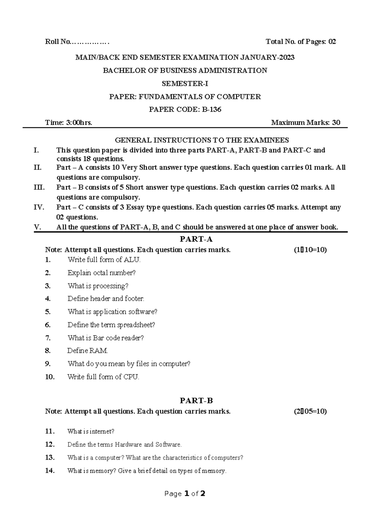 BBA End Sem Exam: Fundamentals of Computer (Paper Code) - Studocu