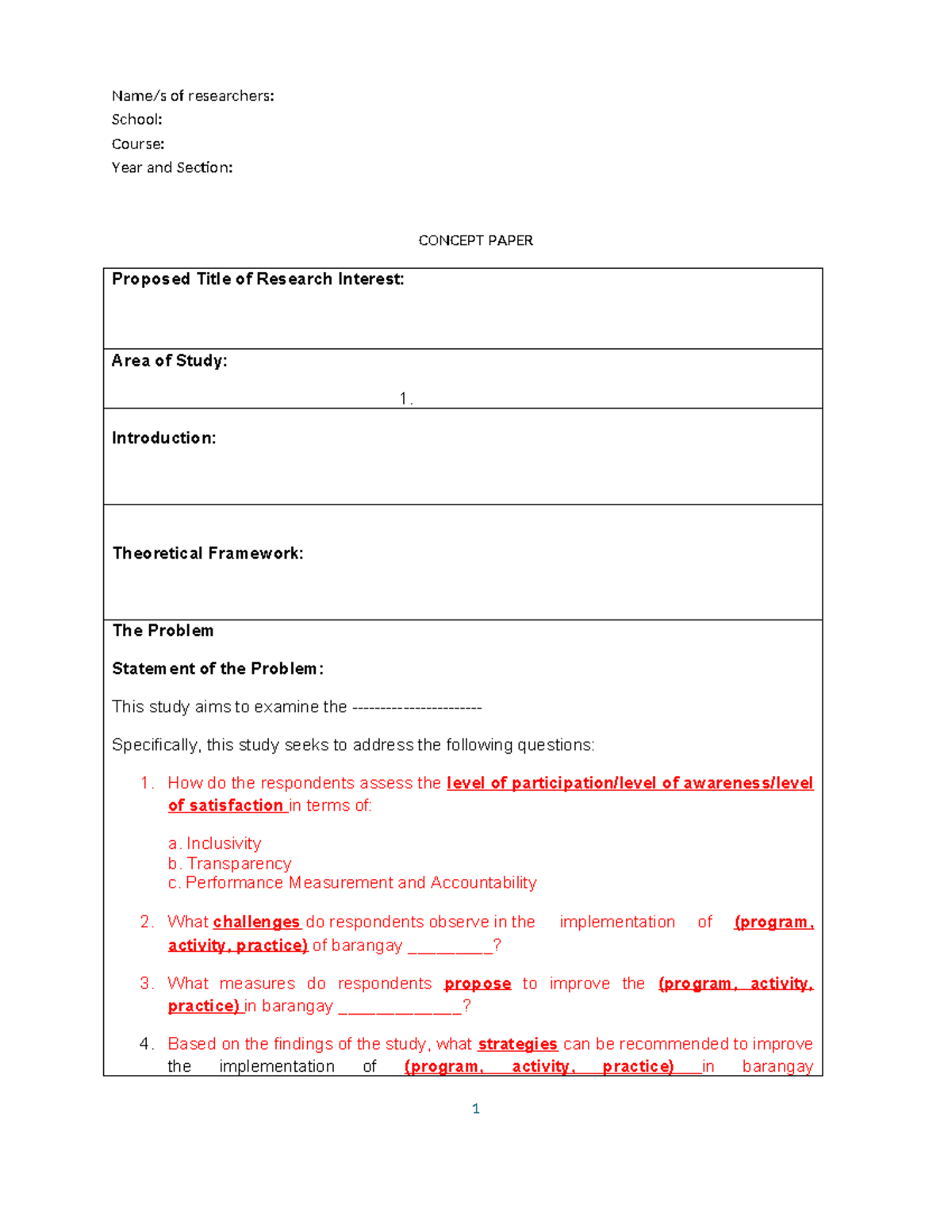 Concept Paper Form Template for Research Study - Studocu