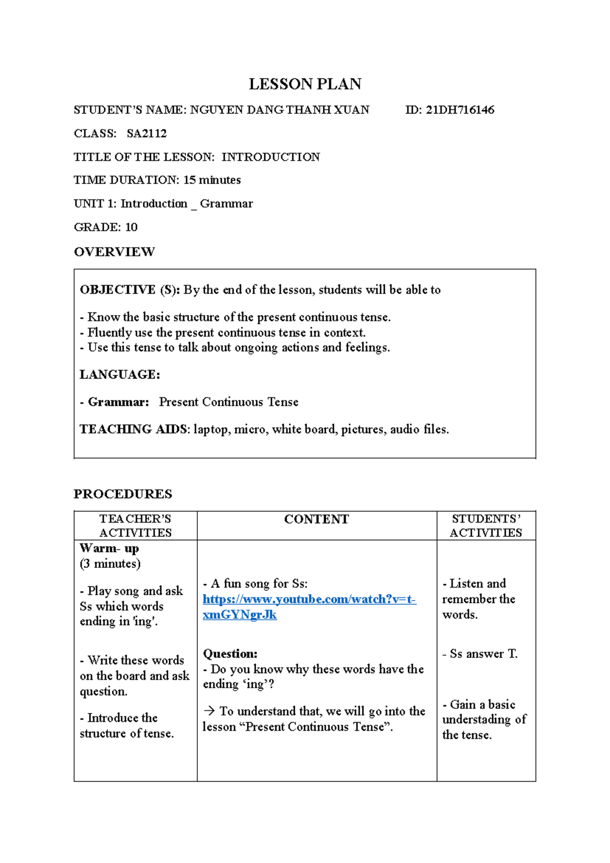 SA2112 Lesson Plan: Present Continuous Tense Activities - Studocu