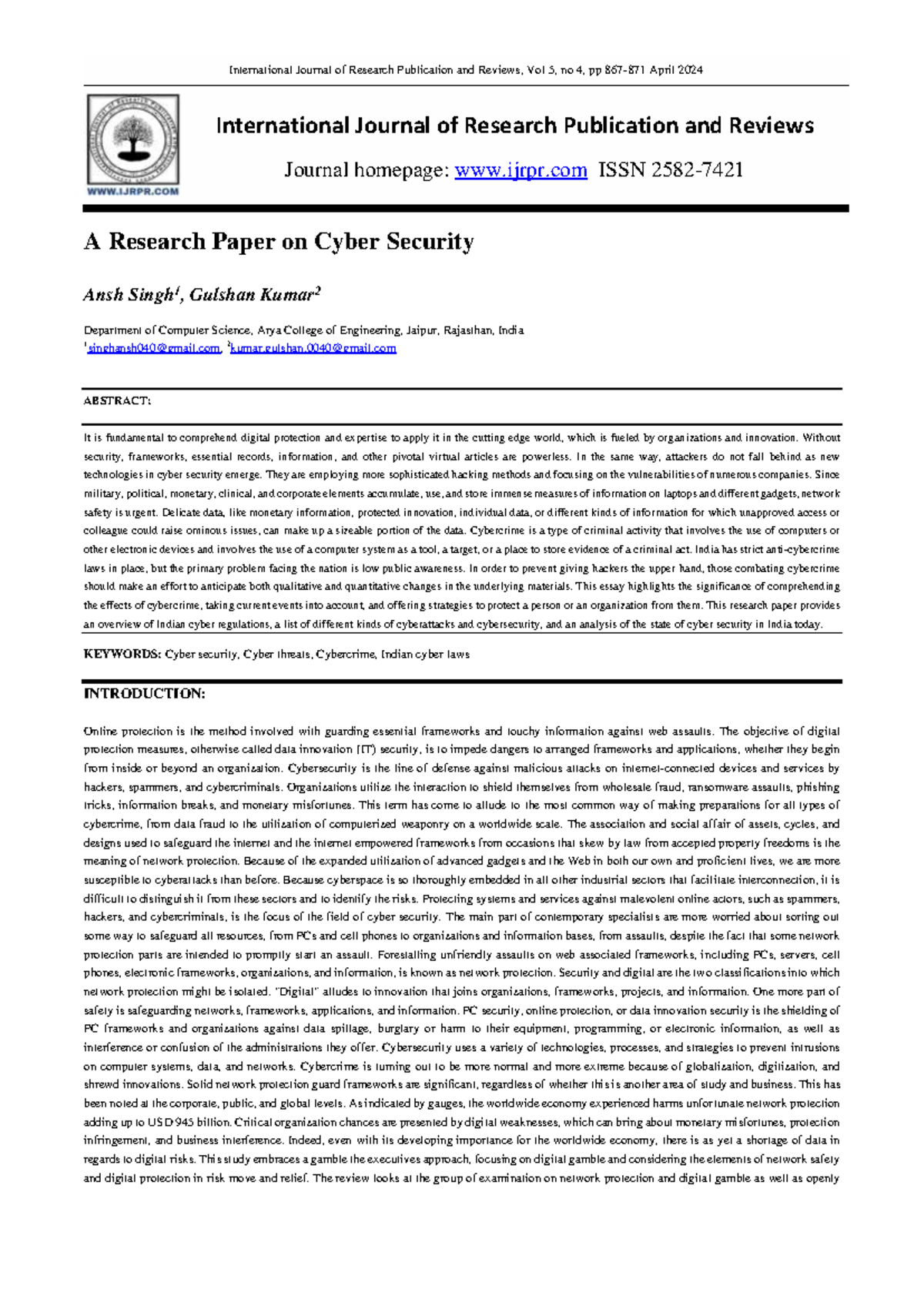 Research Paper on Cyber Security: Insights and Strategies (IJRPR 24628 ...