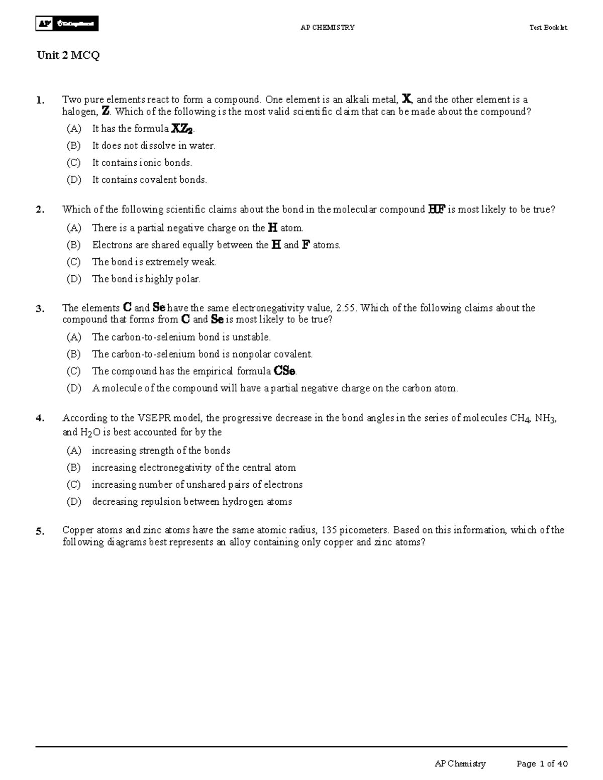 AP CHEMISTRY Unit 2 MCQ Practice Questions and Answers - Studocu
