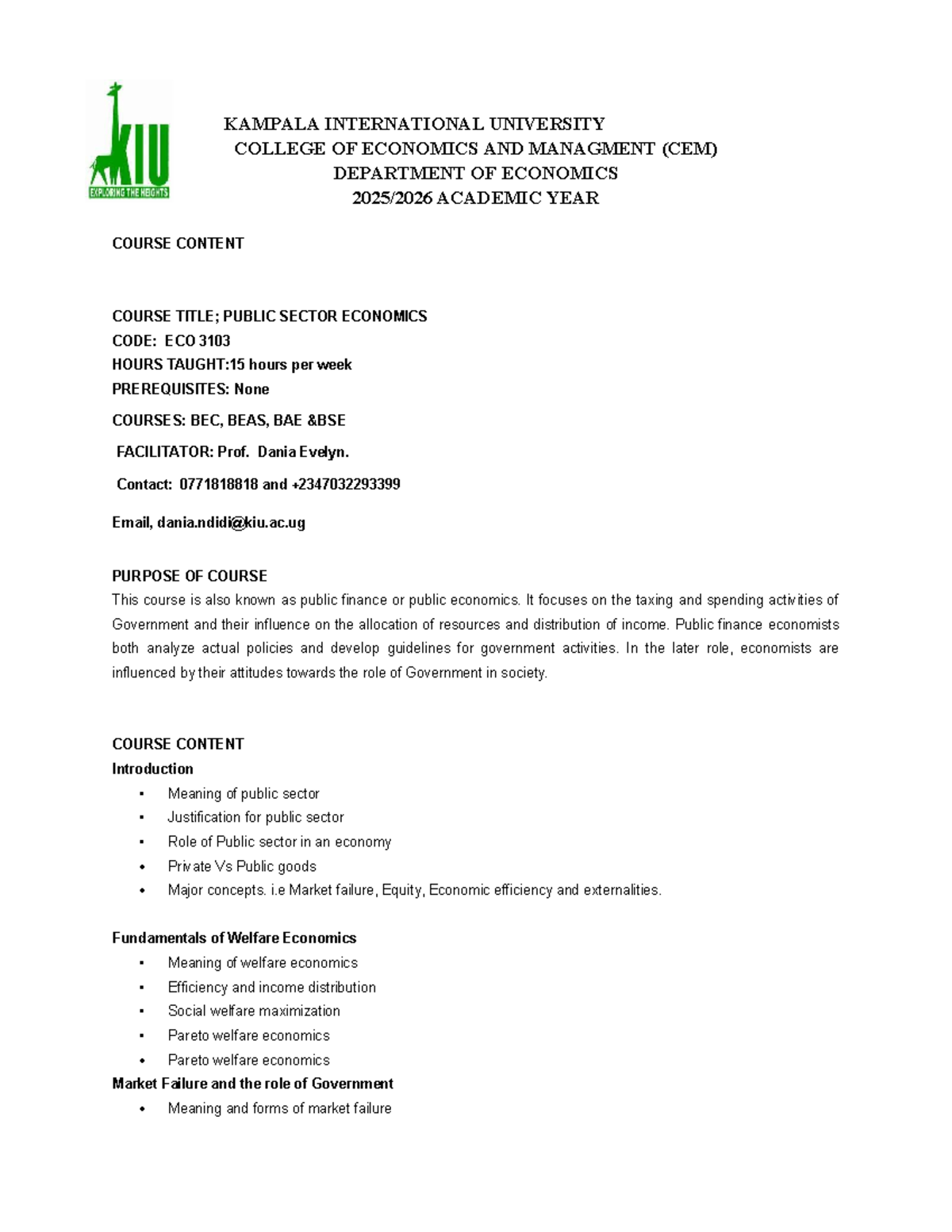 ECO 3103 Course Content: Public Sector Economics 2025-2026 Session ...