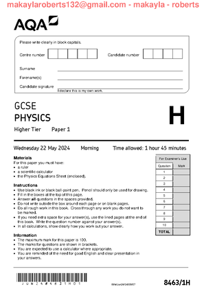 June 2019 MS Physics Paper 2 - GCSE PHYSICS 8463/2H Higher Tier Paper 2 ...