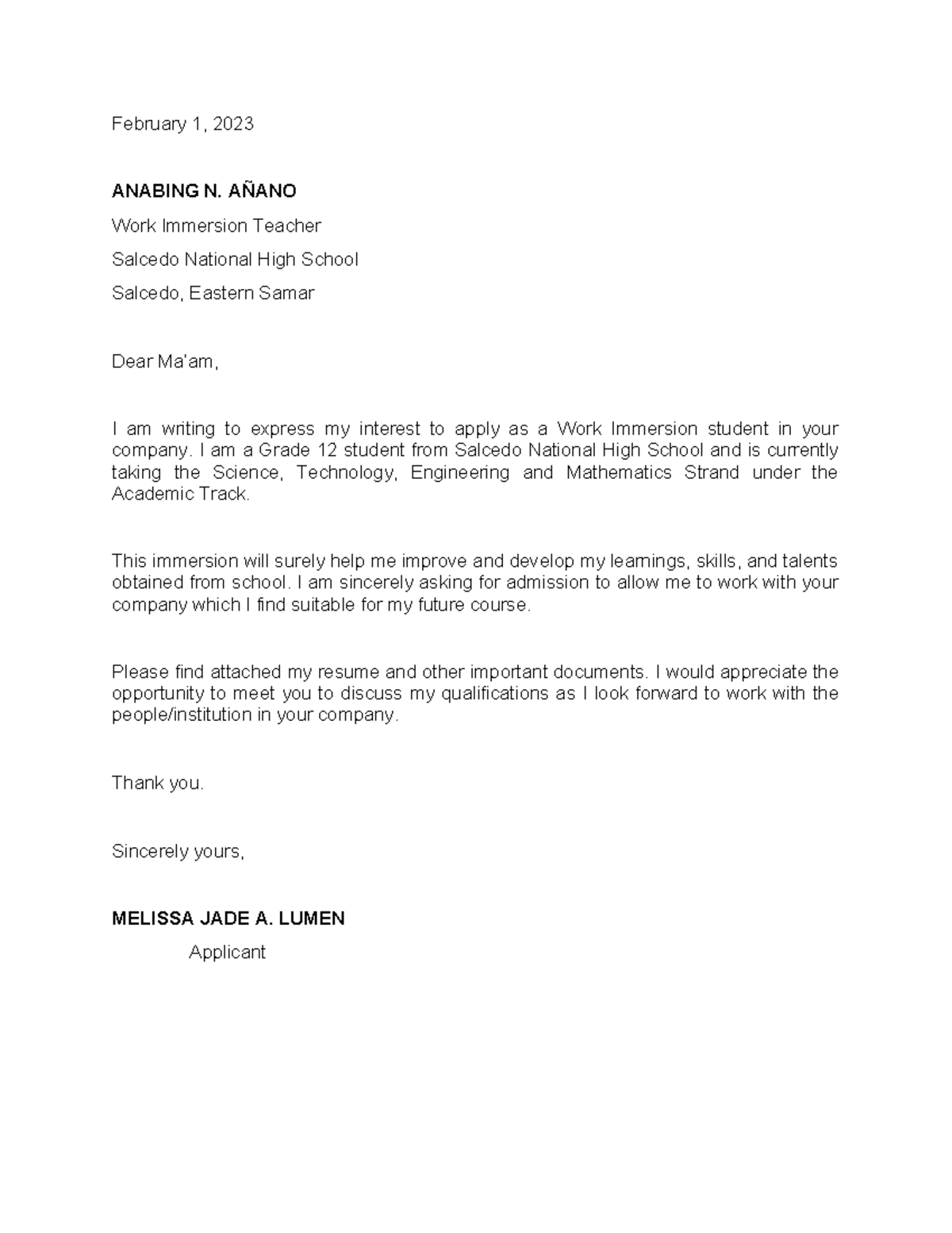 Grade 12 Work Immersion Application Letter - STEM Strand - Studocu