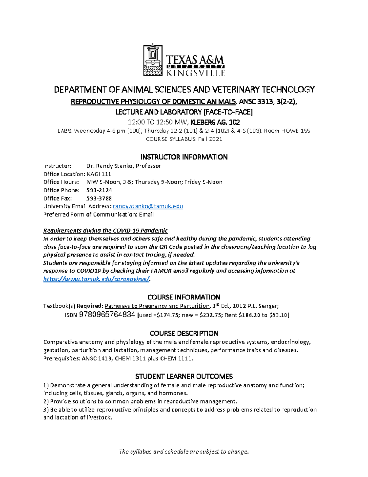 Fall 2021 Slyllabus 3313 - DEPARTMENT OF ANIMAL SCIENCES AND VETERINARY ...