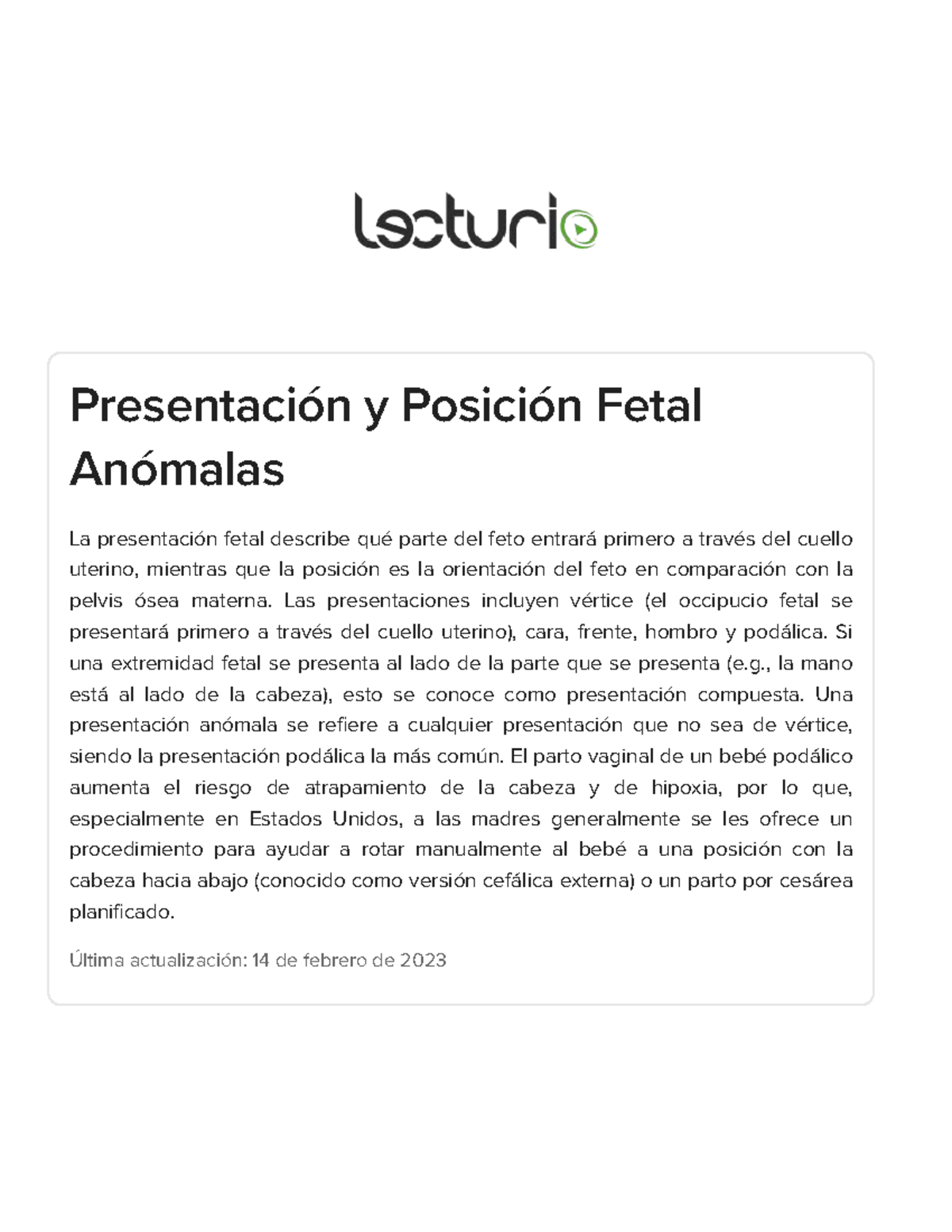 Estática Fetal: Presentación y Posición Anómalas en el Parto - Studocu