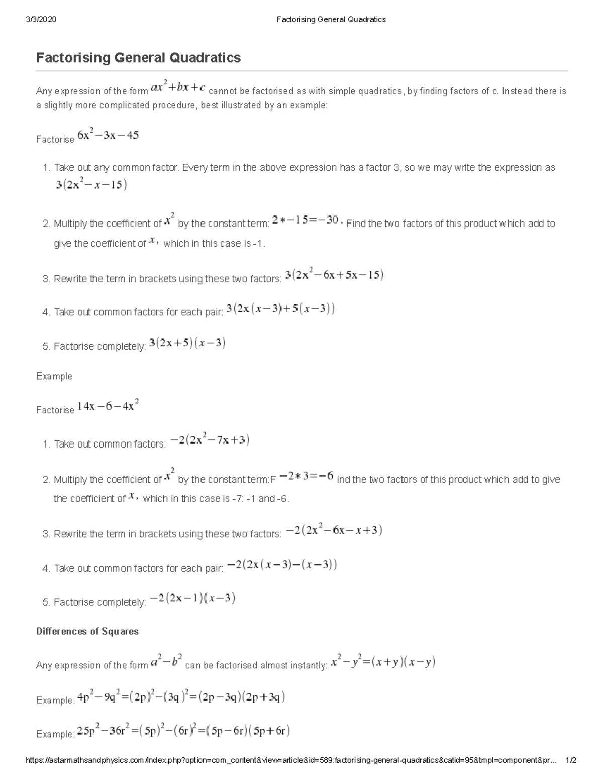 Factorising General Quadratics: Lesson Notes for Maths 101 - Studocu