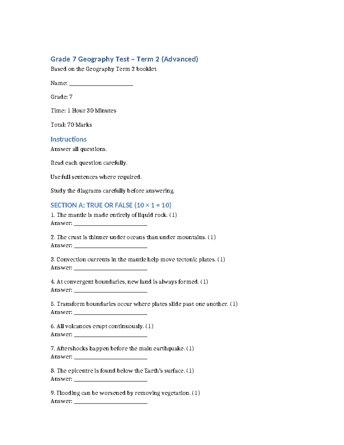 Advanced Grade 7 Geography Test Term 2 (70 Marks) - Studocu