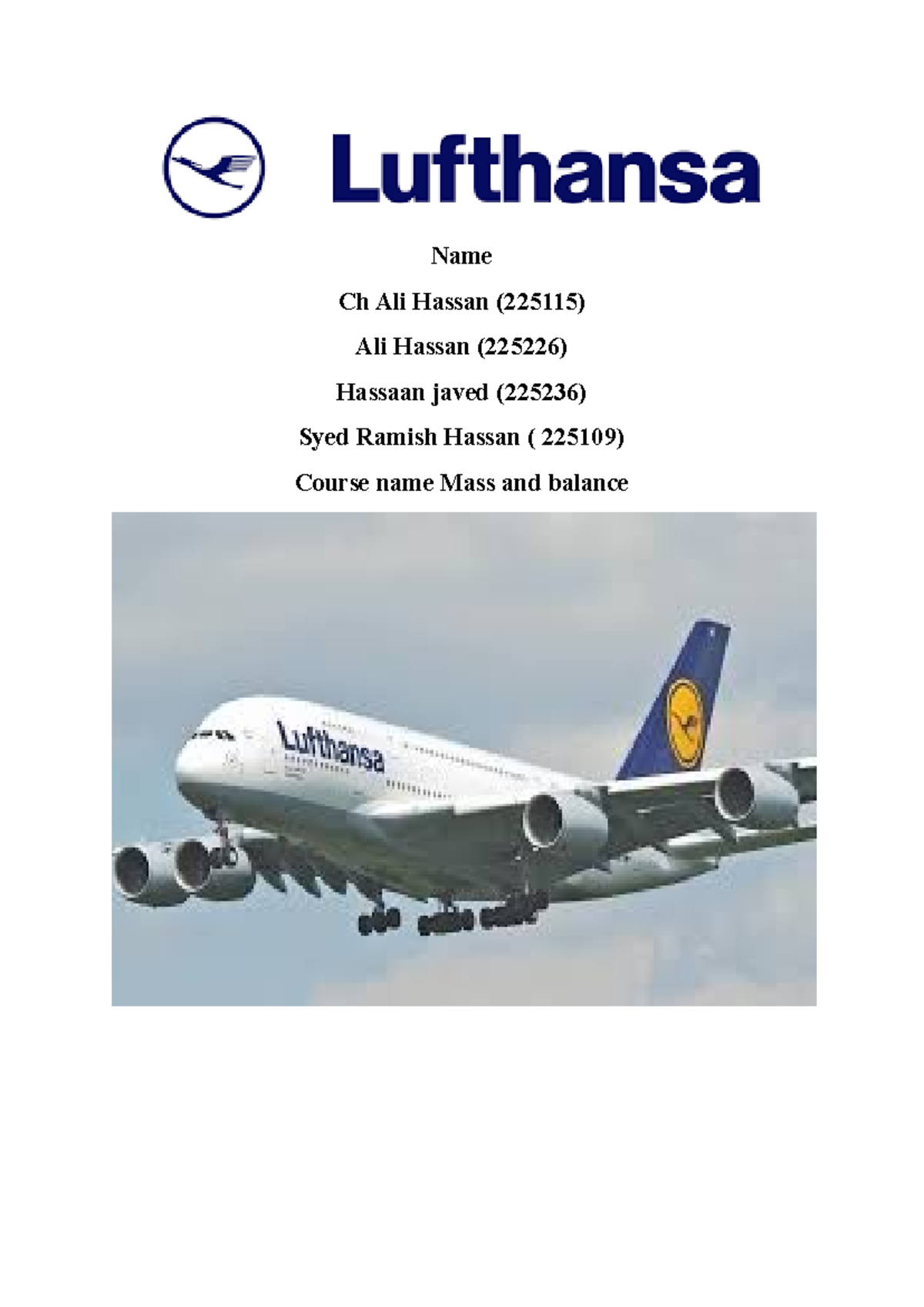 Mass and Balance Analysis for Lufthansa Operations (Course Code: 225115 ...