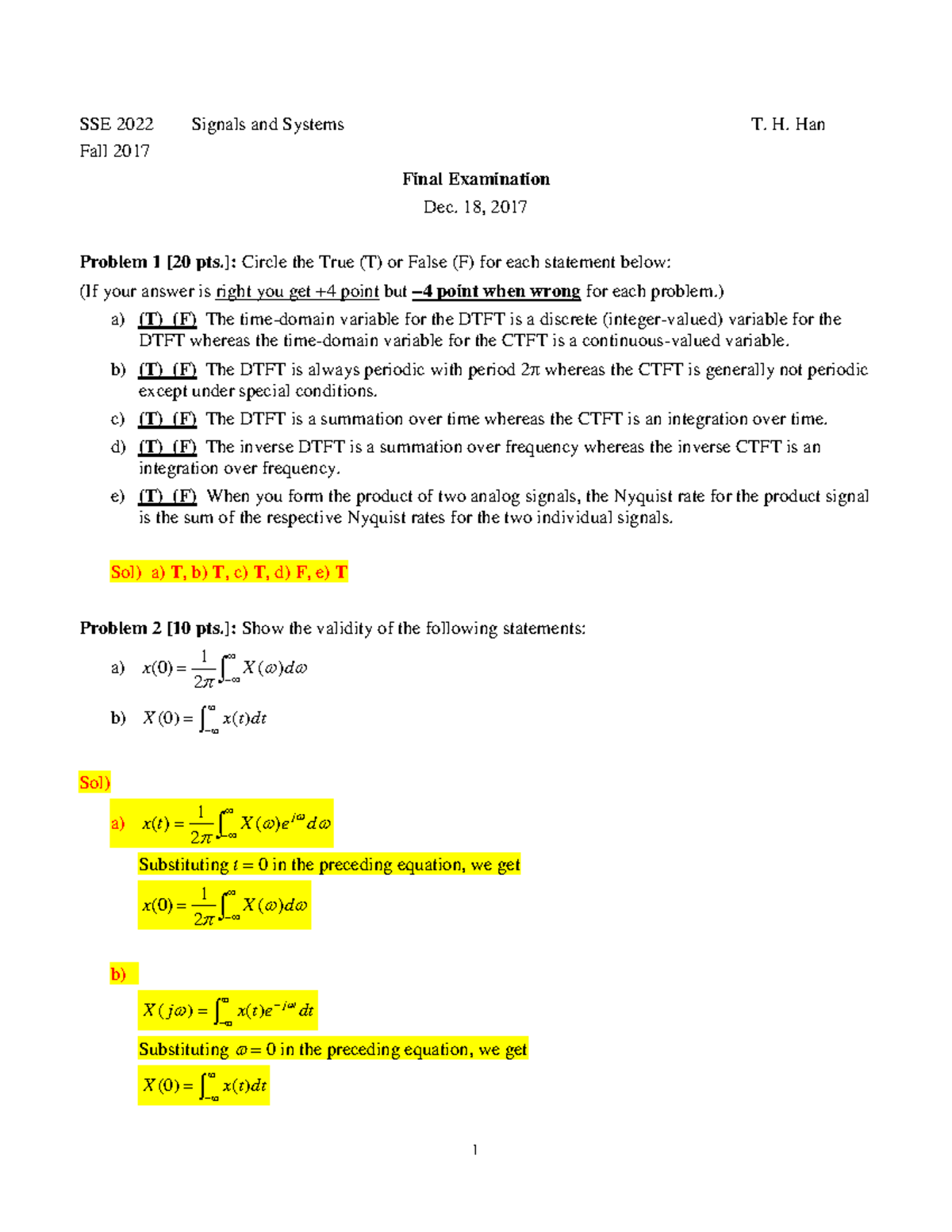SSE 2022 Fall 2017 Signals and Systems T. H. Han Final Exam Solutions - Studocu