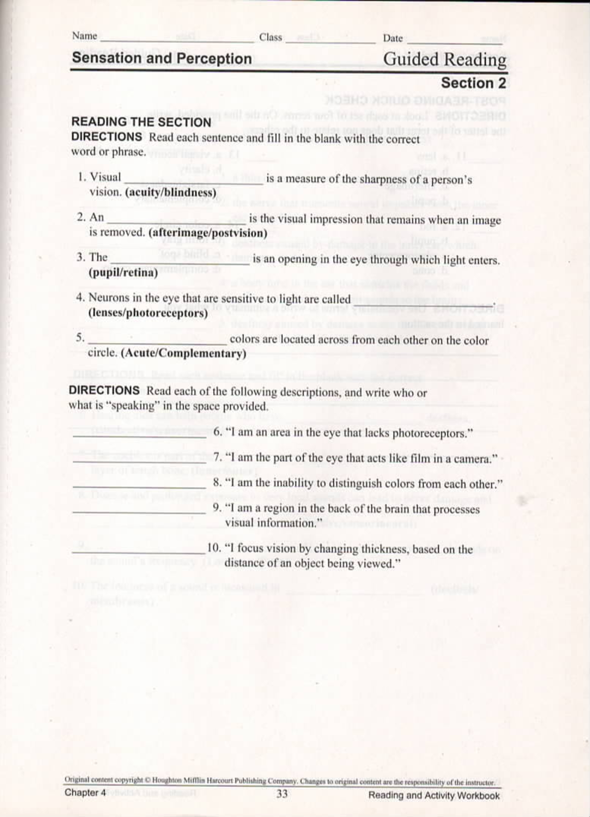 Sensation and Perception Guided Reading - Chapter 4 (4.2) - Studocu
