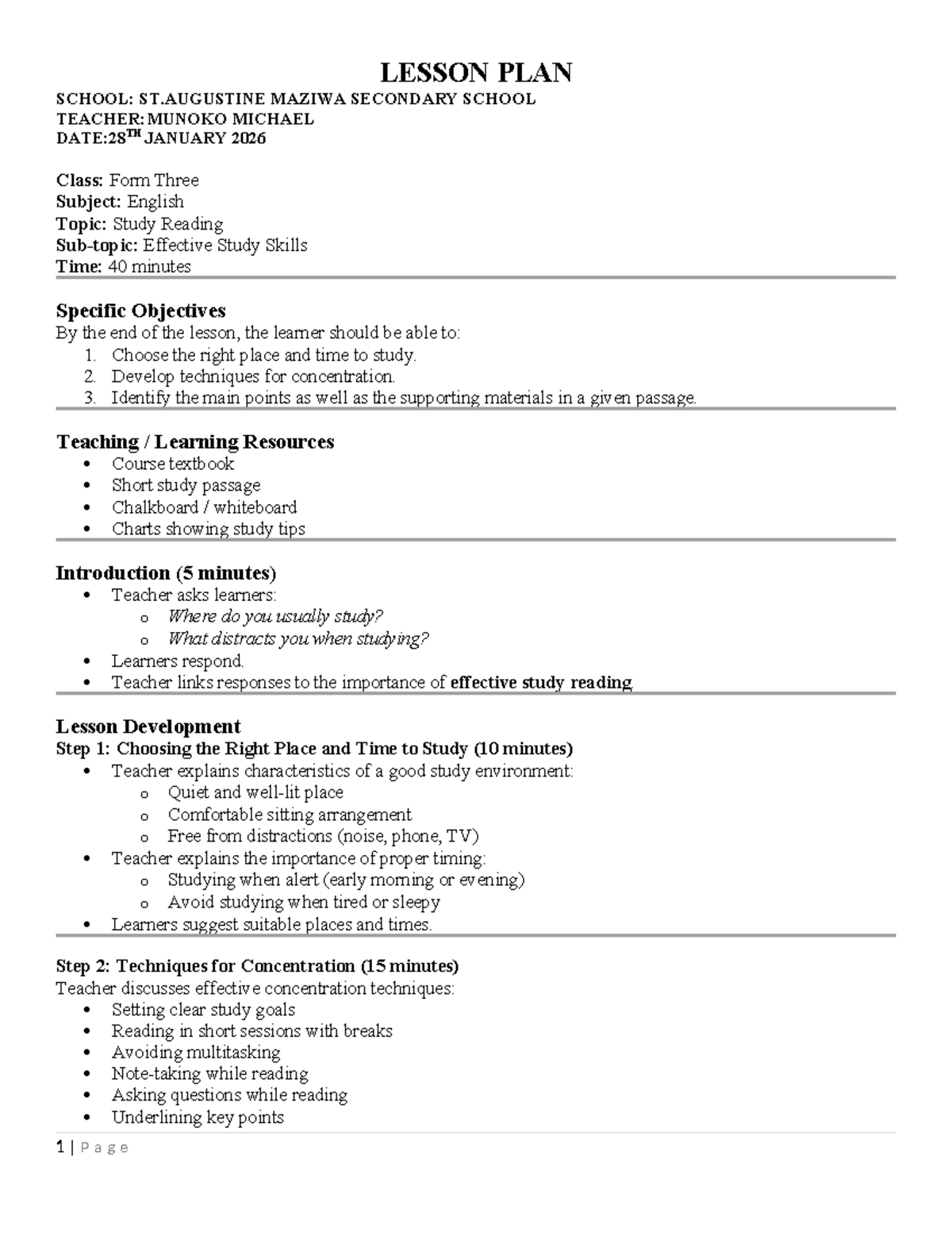 Form Three English Lesson Plan: Effective Study Skills (28TH JAN) - Studocu